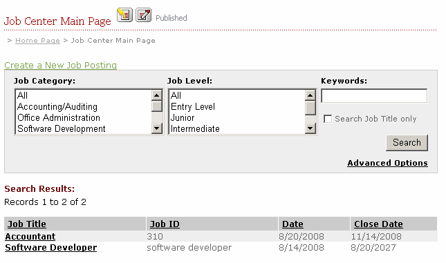 Job Centre pages overview